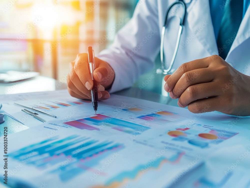 Healthcare professional analyzing diagnostic test results with charts ...