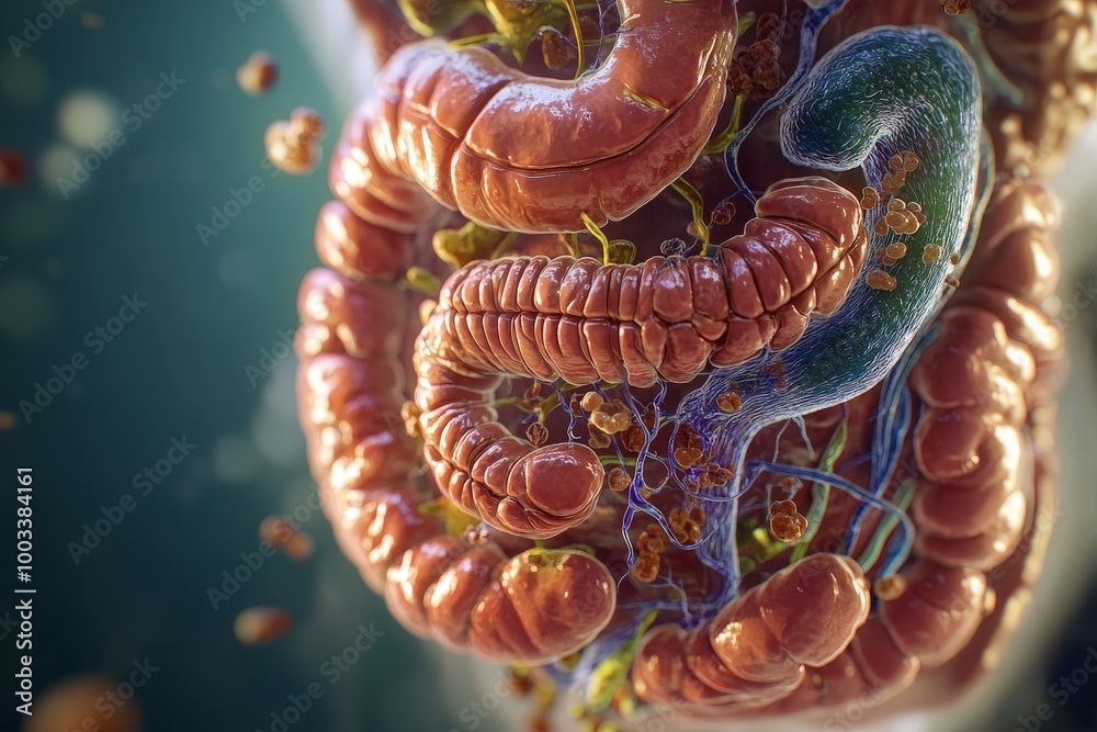 A scientific rendering of the human digestive system, showing the ...