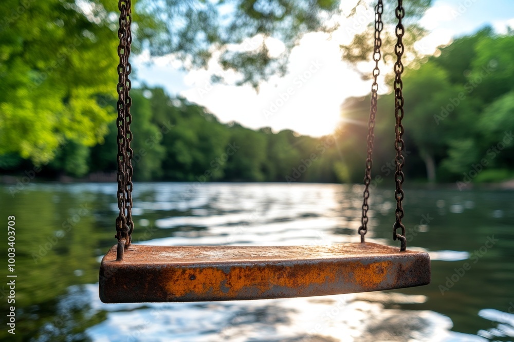 Hyper-realistic image of a childhood swing, capturing the rust, worn ...
