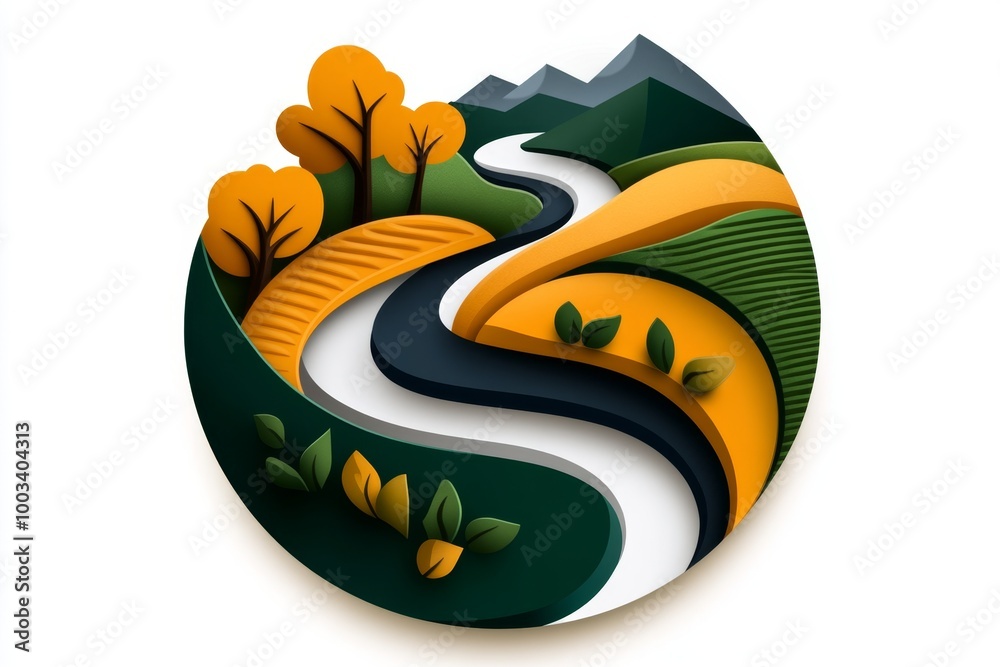Simple river icon, flowing through fields, represented by minimalist ...