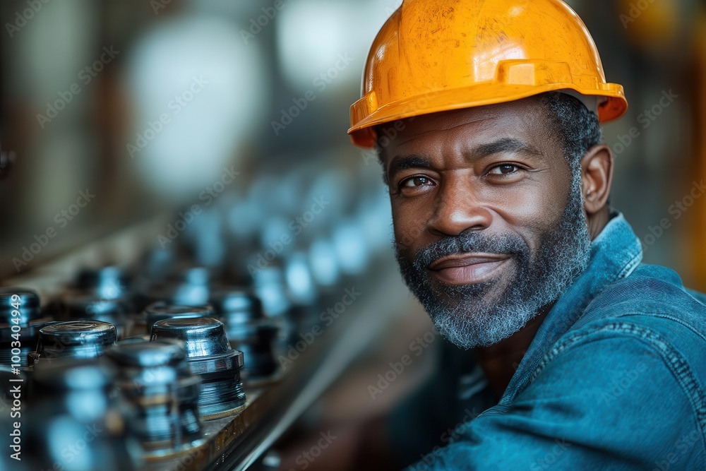 happy portrait of an african american factory worker in a hard hat ...