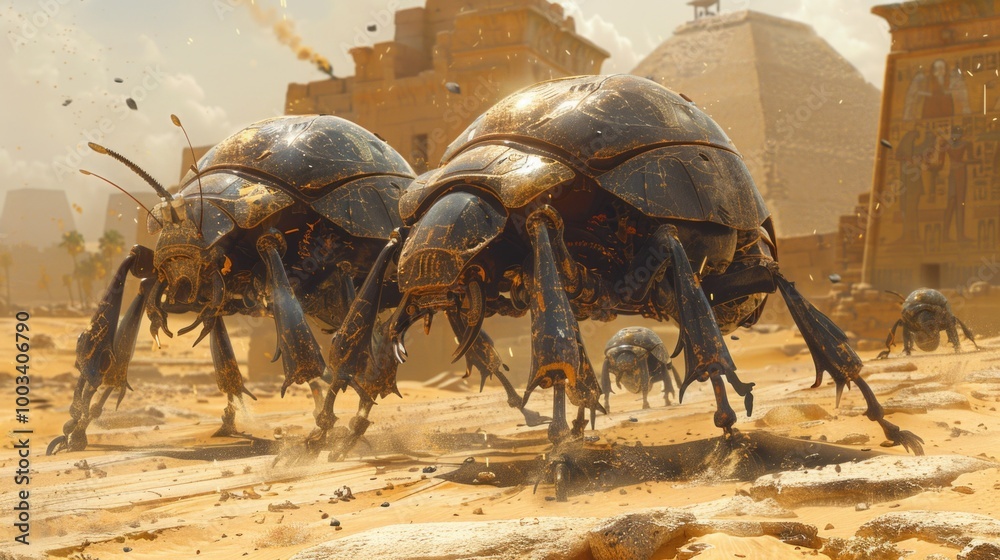 Mech war in ancient Egypt: Robot beetles, desert combat, sci-fi scene Stock Illustration | Adobe ...