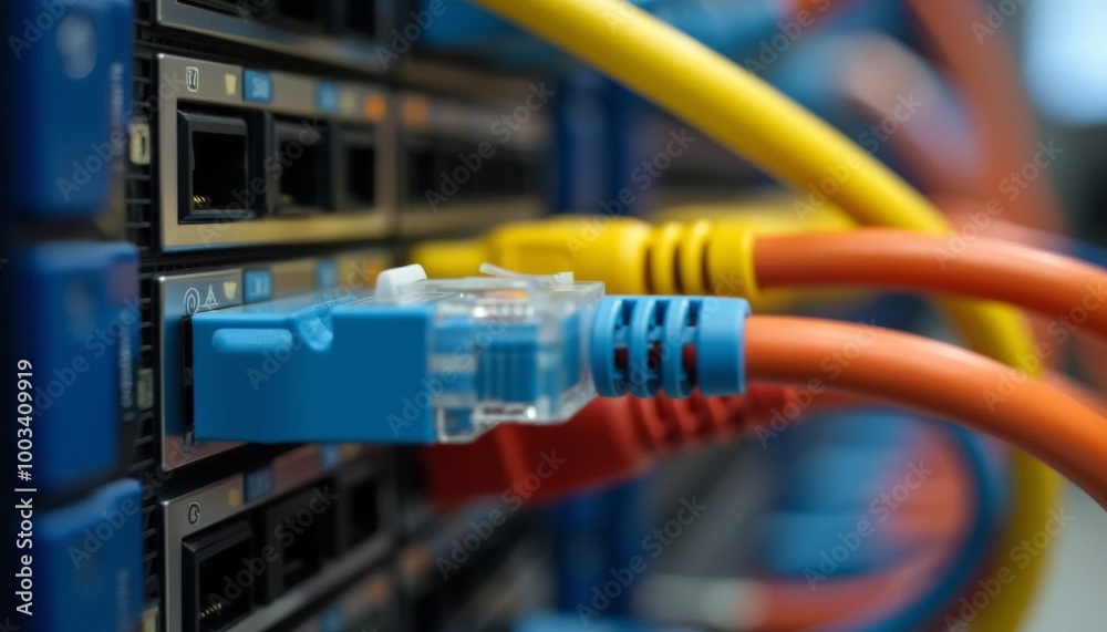 Network cables connected to server ports in data center Stock Photo ...