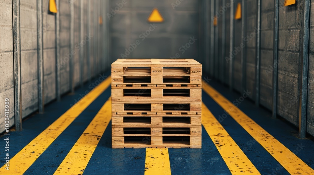 Wooden pallet stacked in a warehouse with concrete walls and yellow ...