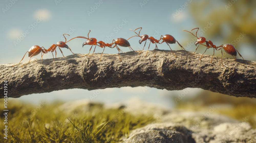 group of ants working together to push heavy twig across rocky surface ...