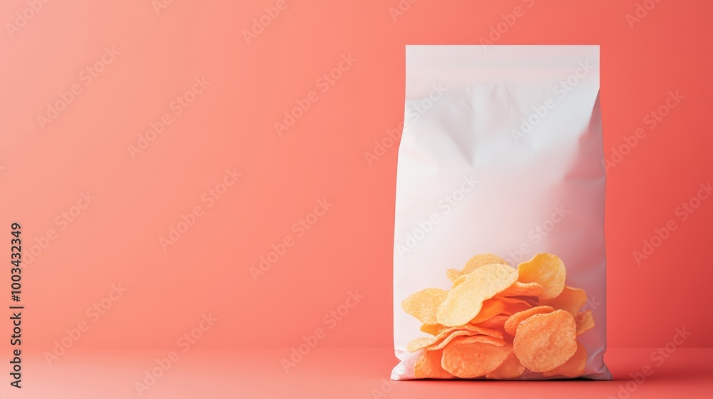 Minimalist chip bag mockup with crispy potato chips placed beside it ...