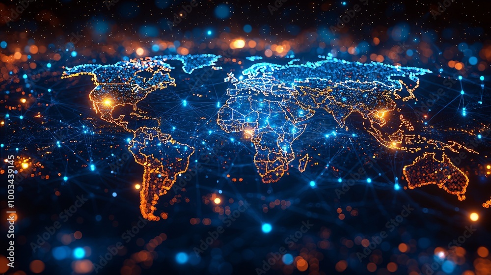 A futuristic world map shows AI-driven global logistics networks ...