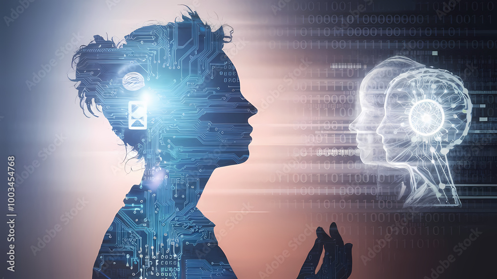 Artistic silhouette filled with encryption codes and circuit imagery ...