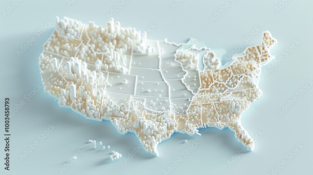 3D Visualization of United States Map, intricate geographical details ...