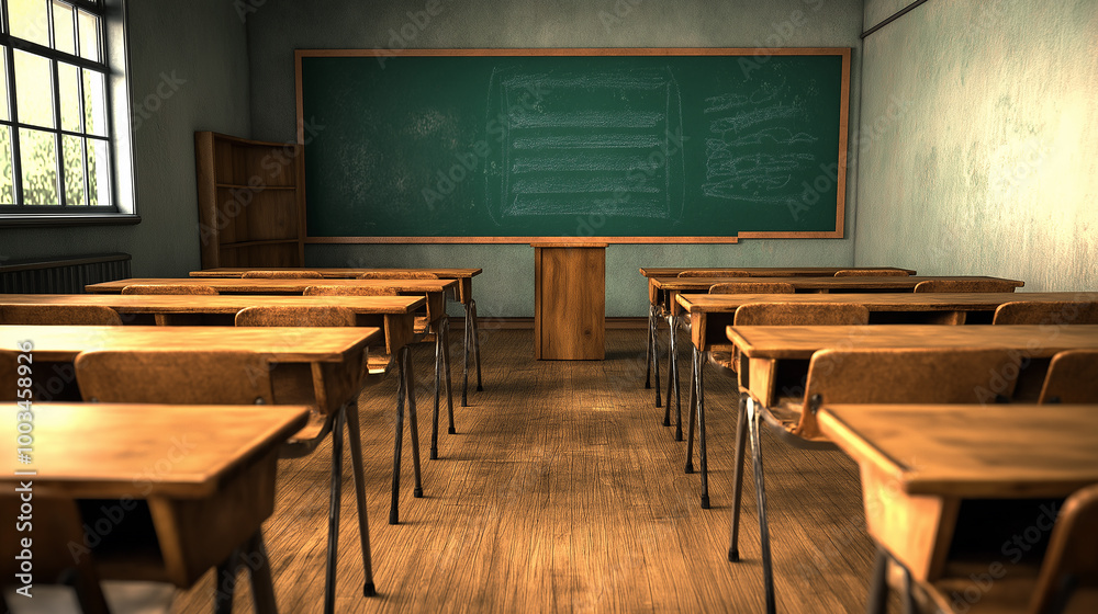 Rows of empty school desks facing a chalkboard in a vintage classroom Stock Photo | Adobe Stock