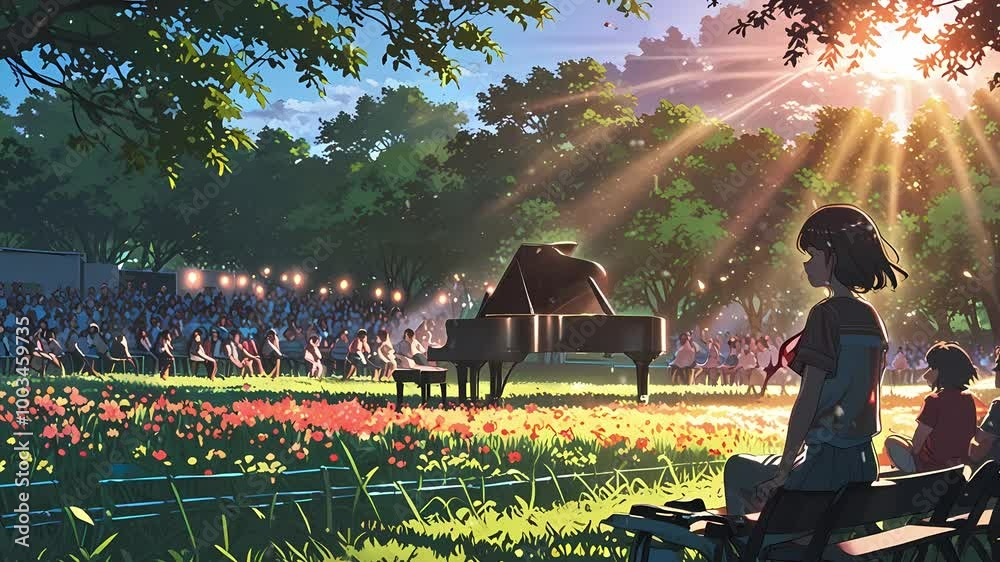 A lofi girl sits quietly, watching a grand piano performance in a ...