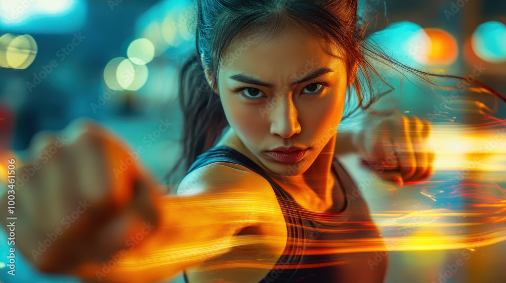 determined woman delivers powerful punch, showcasing strength and focus ...