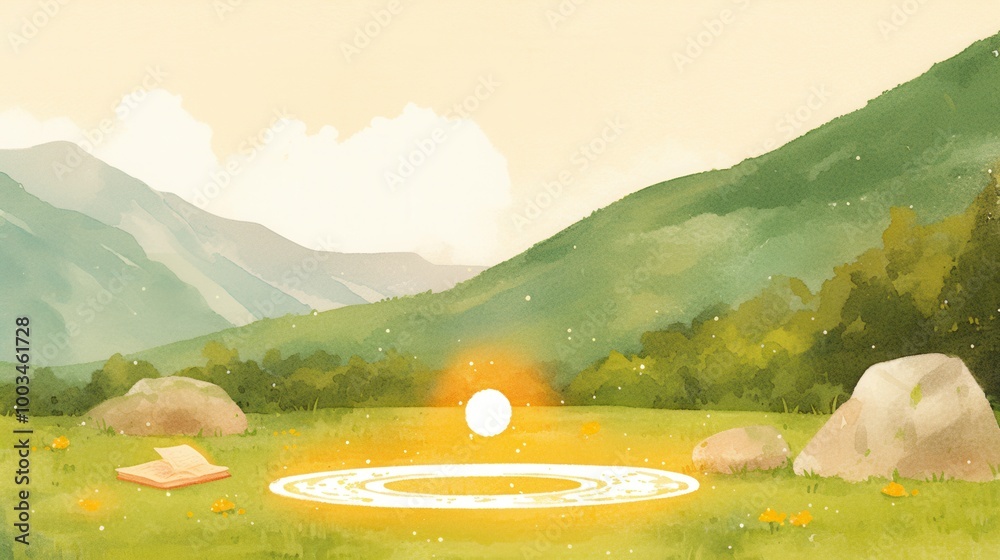 Magic circle, floating alchemical symbols, misty surroundings ...