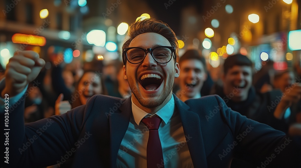 Excited businessman cheering amidst crowd at night. Young businessman ...