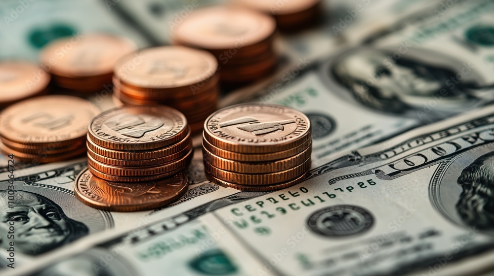 Stacks of copper coins on American dollar bills. Stacks of copper coins ...