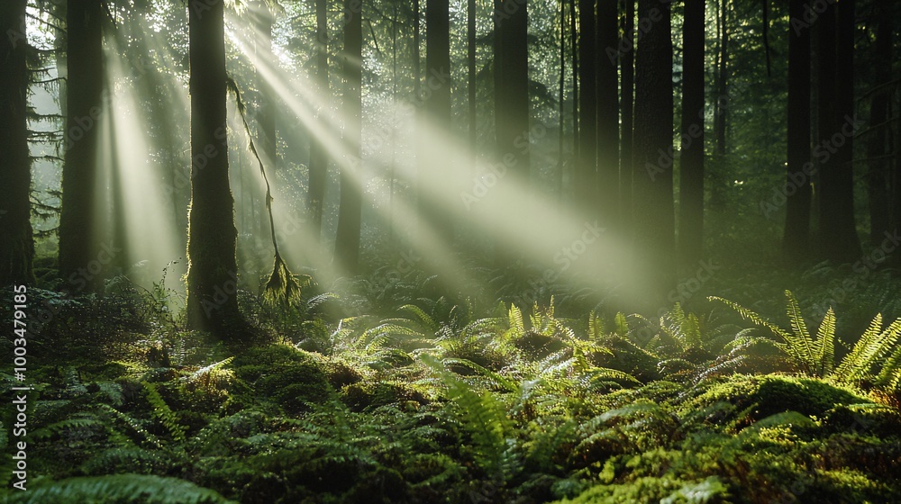 Sunbeams illuminate a lush, green forest with tall trees and ferns ...