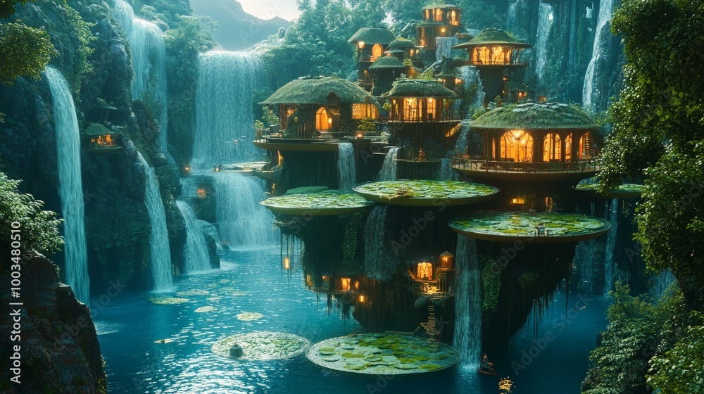 Mystical Floating Island Village, enchanting homes on giant lily pads ...