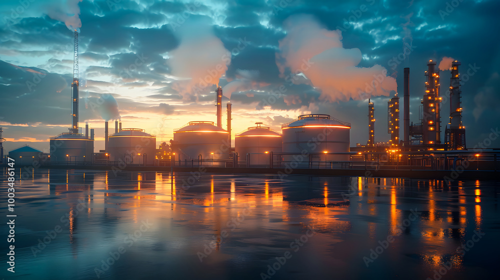 Oil refinery plant for crude oil industry on desert in evening twilight ...