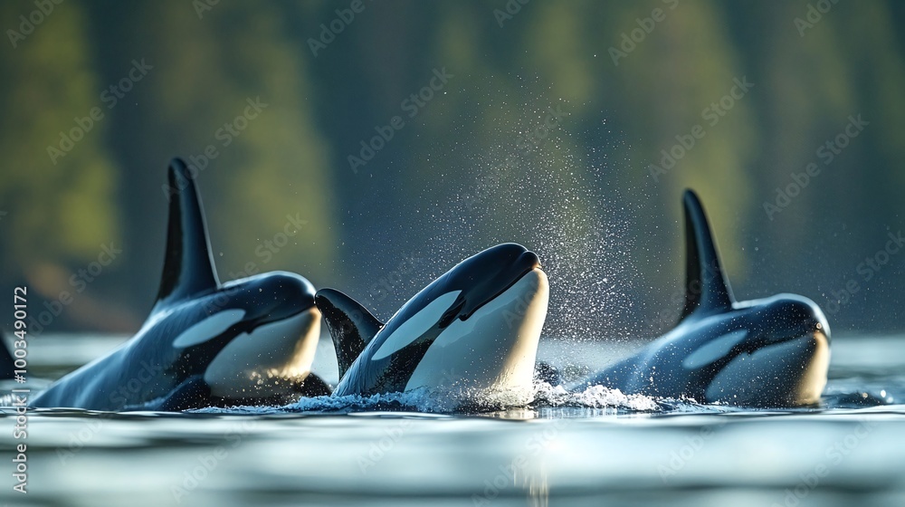 Three orcas swim in a line, breaking the surface of the water. The orca ...