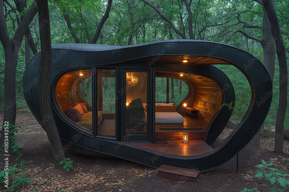 Modern Forest Pod Cabin With Ambient Lighting at Twilight, modern home ...