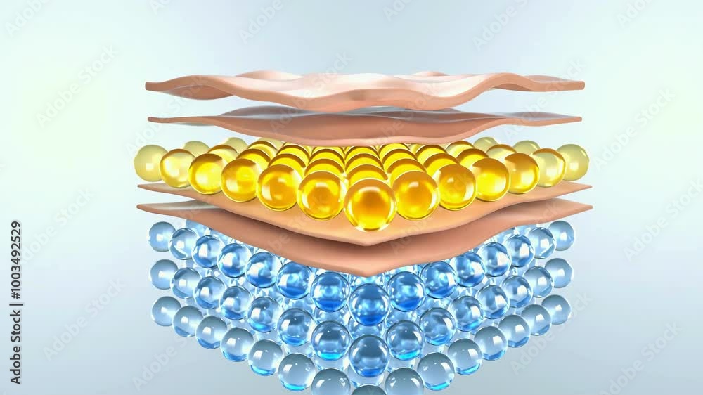 Blue and yellow collagen bubbles, the epidermis, and the skin layers ...