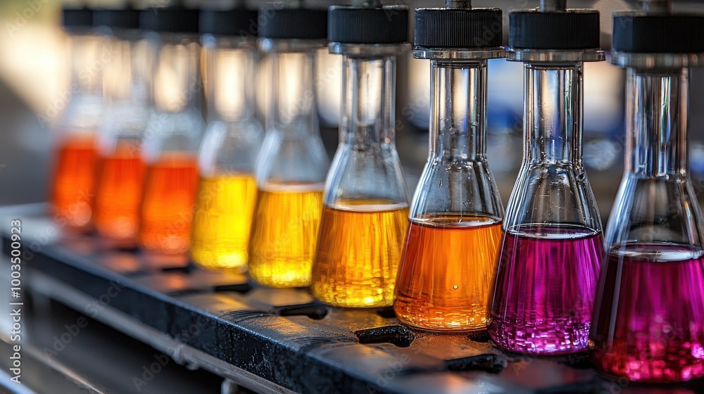 Colorful laboratory flasks containing chemical solutions reflect ...