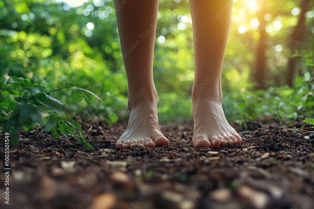 Bare feet of woman standing barefoot outdoors in nature, grounding ...