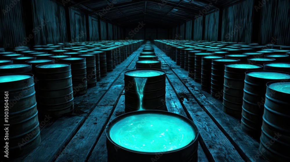 Dark warehouse filled with barrels leaking poisonous waste, glowing ...