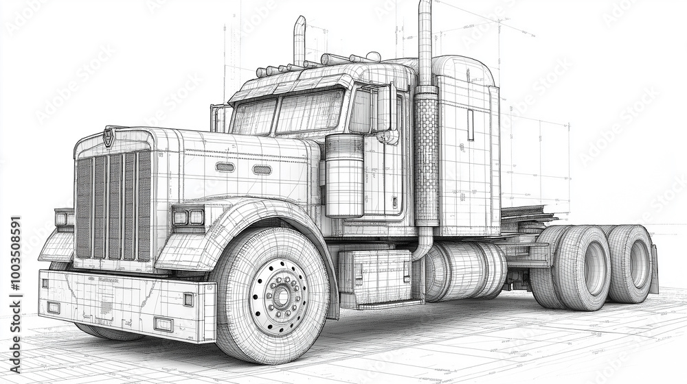 Wireframe model of a big rig semi truck trailer being designed Stock ...