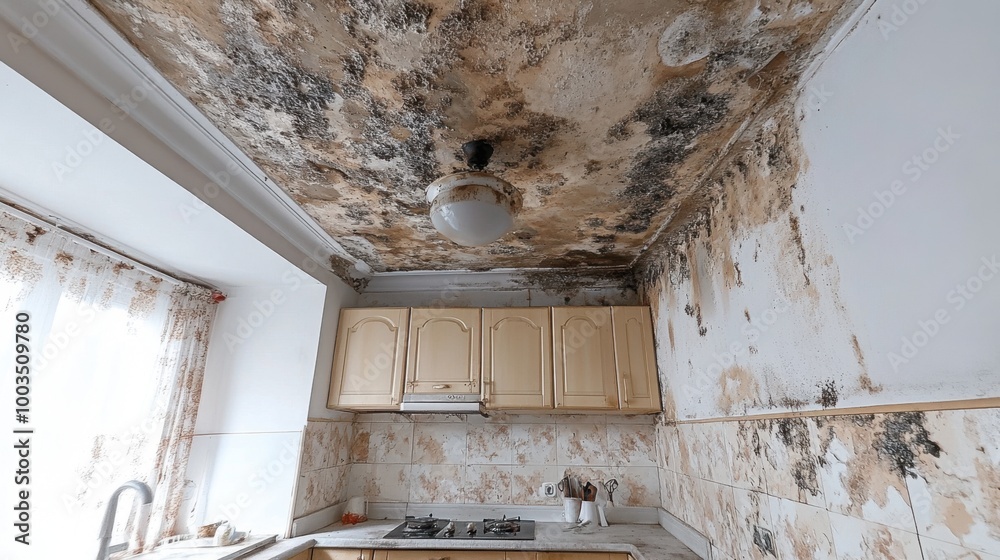 A kitchen ceiling with mold spots due to a leaking pipe, explaining how ...