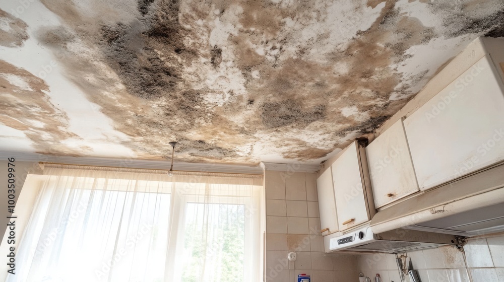 A kitchen ceiling with mold spots due to a leaking pipe, explaining how ...