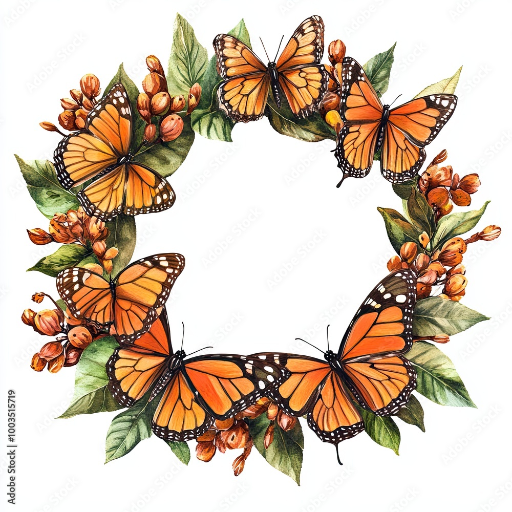 Autumn wreath with monarch butterflies and foliage, Illustration of an ...