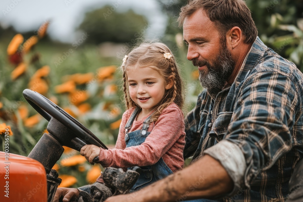 Farmer father riding tractor with his daughter. Girl growing up on ...