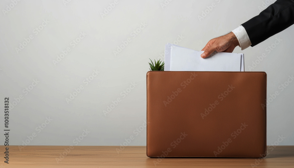 Businessman placing documents into a brown leather folder on a desk ...