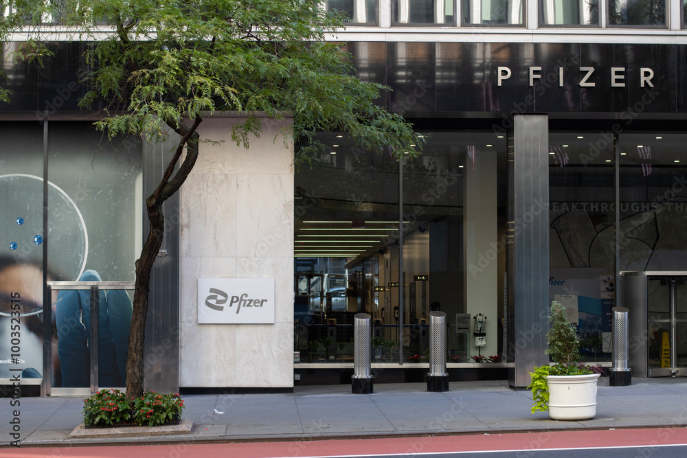 New York, NY, USA - July 4, 2022: Front view of Pfizer's headquarters ...