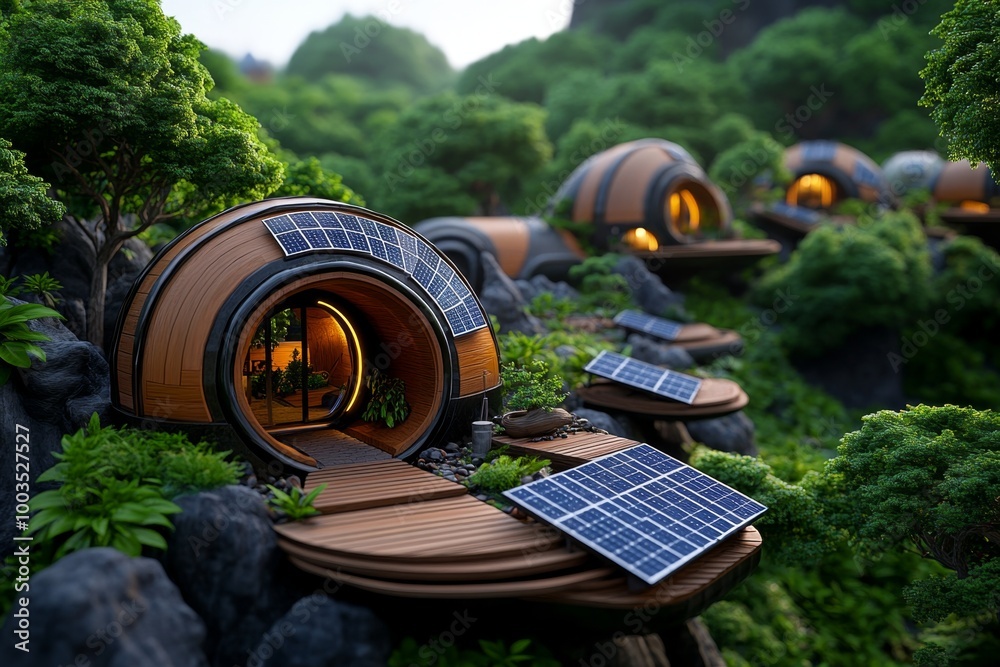 A hyper-realistic eco-village nestled in a forest, where detailed ...