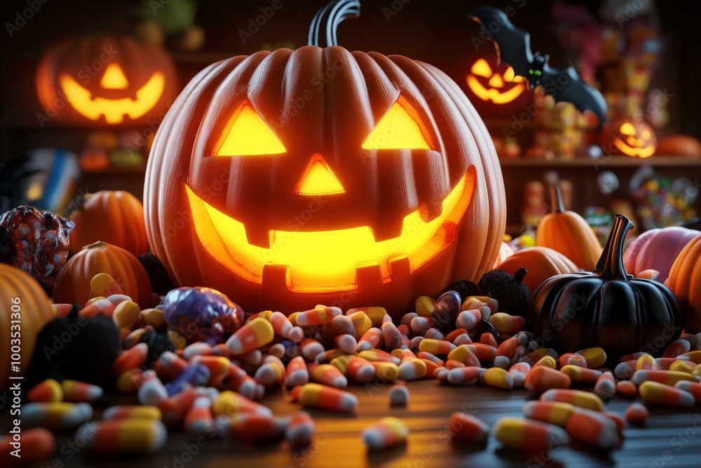 Hyper-realistic Halloween candy display in a shop window, with glowing ...