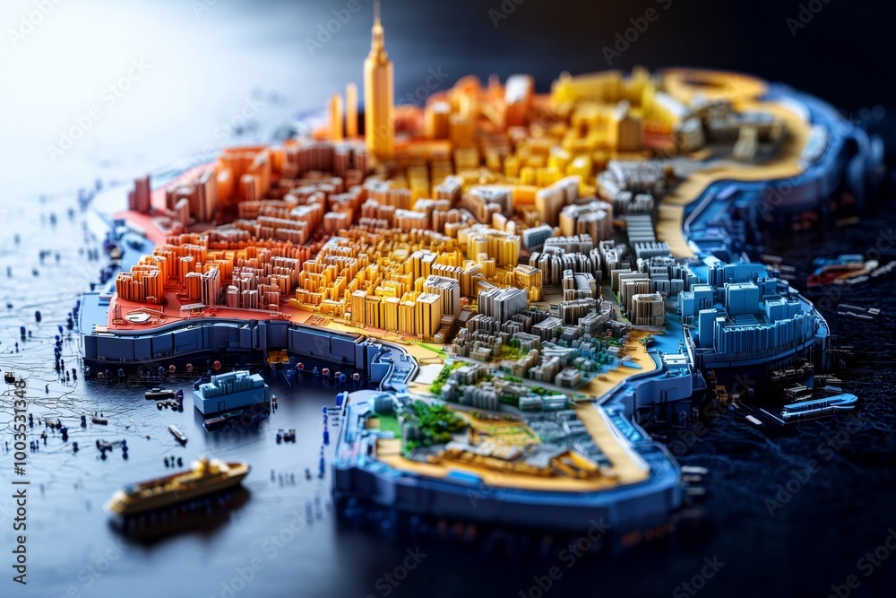 Hyper-realistic city map with color-coded zones for residential ...