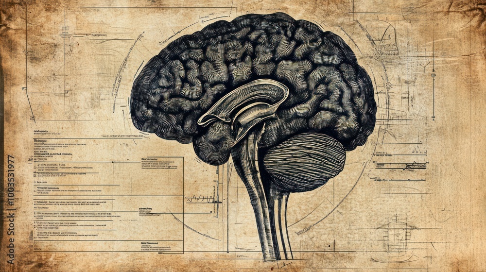 An artistic illustration of a brain with detailed anatomical features ...