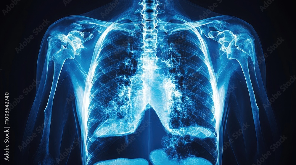 Detailed X-ray image of a human chest, highlighting bones and organs ...