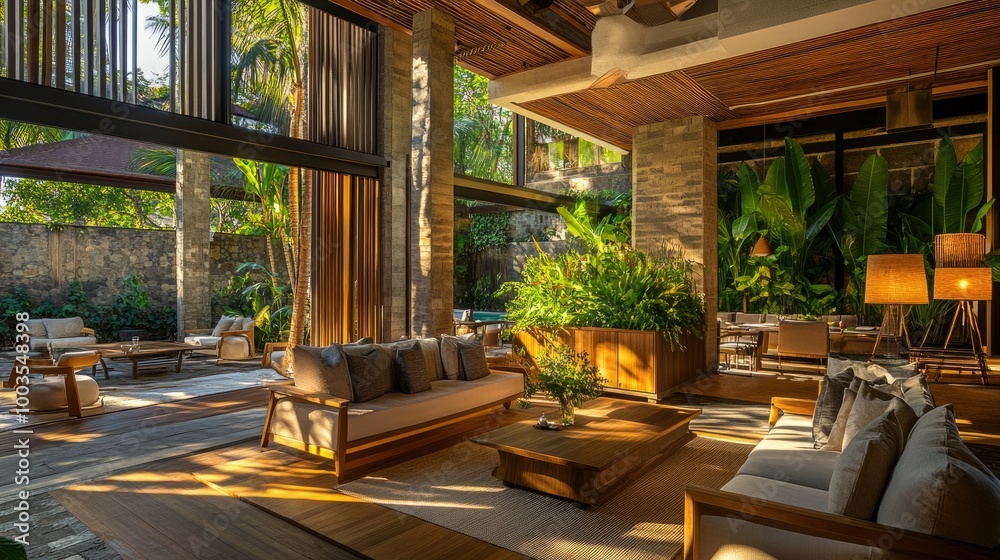 Luxurious interior of a Bali hotel lobby with modern furnishings, lush ...