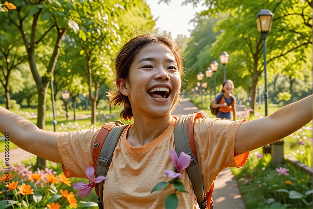 Mujer sonriente, con los brazos extendidos, tiene calidad de vida y ...