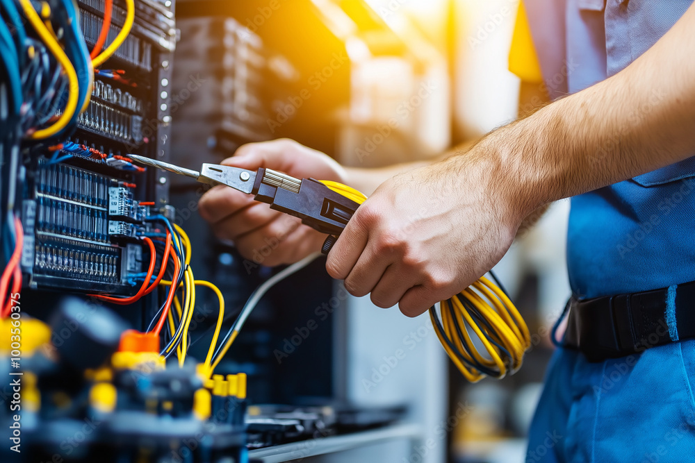 An internet technician carefully handling fiber optic cables with ...