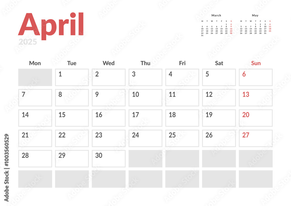 Monthly page Calendar Planner Template of April 2025. Vector layout of ...