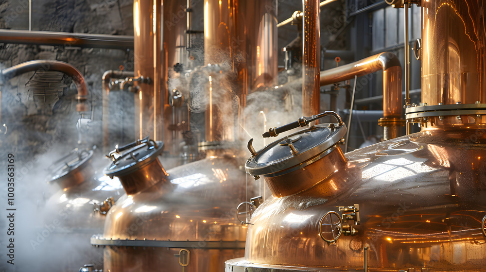 A rustic distillery scene with copper stills, steam rising as the ...