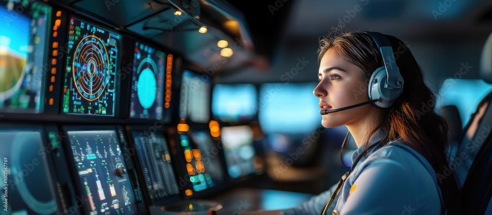 smiling young female air traffic controller working in control tower at ...