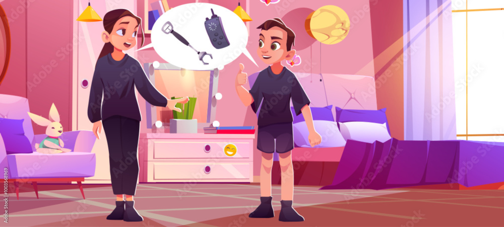 Teen kids dressed as spy in pink children room discussing spymaster ...