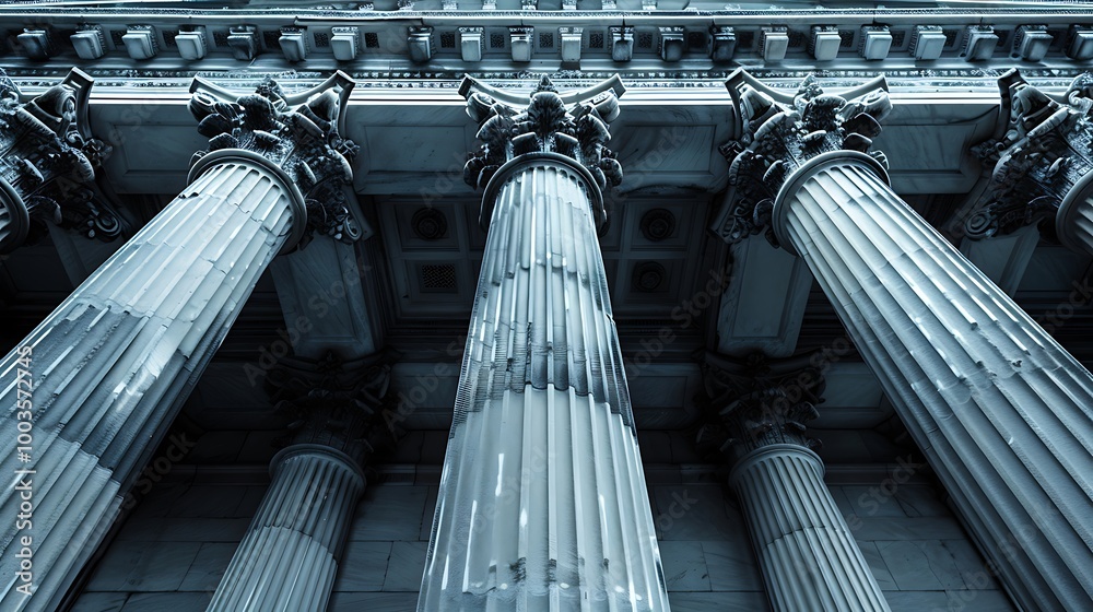 Low angle shot showcasing three ornate columns on a building's facade ...