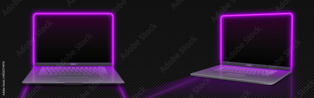 Laptop mockup with purple neon frame around screen on dark transparent ...