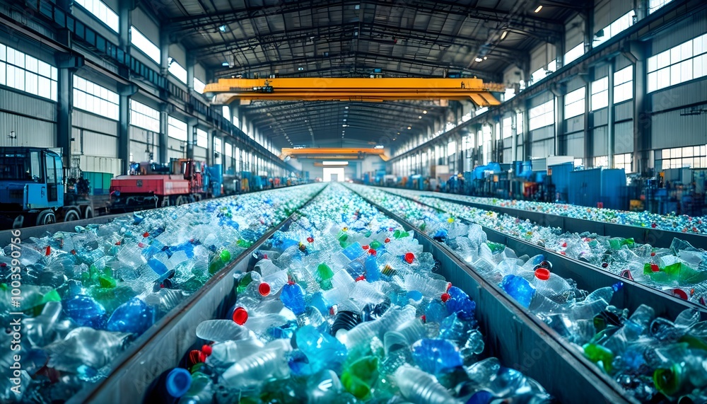 Conveyor Belt Overflowing with Plastic Waste in Factory Illustrating ...